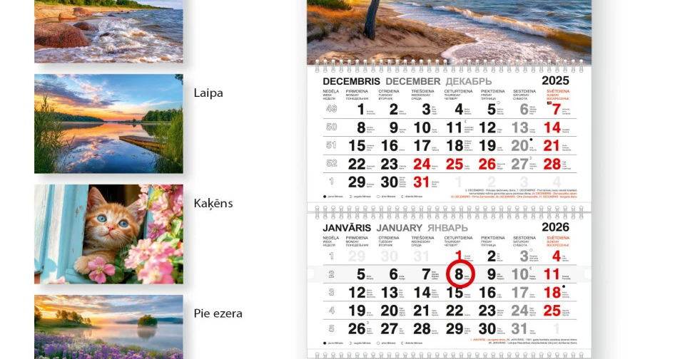 Trīsdaļīgais kalendārs 2026 ar trim spirālēm